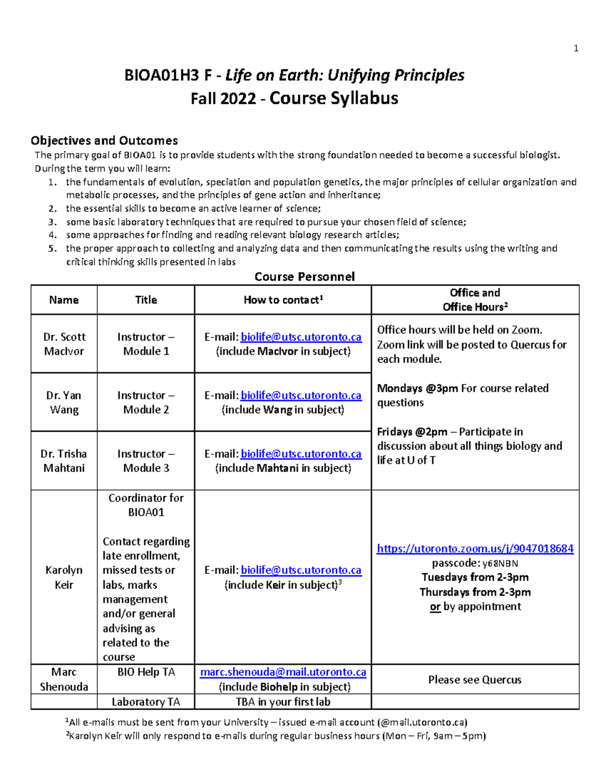 BIO A01 Syllabus 2022 - BIOA01H3 F - Life on Earth: Unifying Principles ...