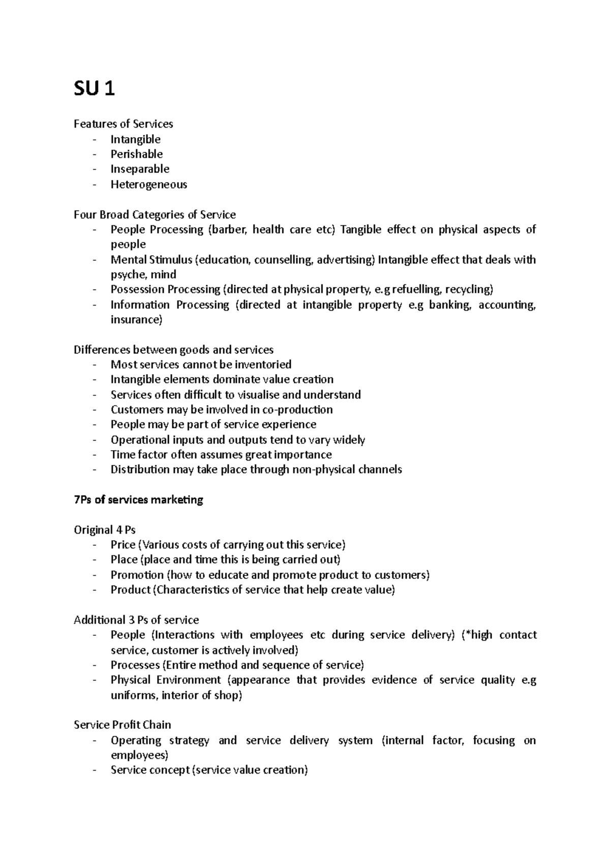 MKT 363 - Summary Services Marketing - SU 1 Features of Services ...