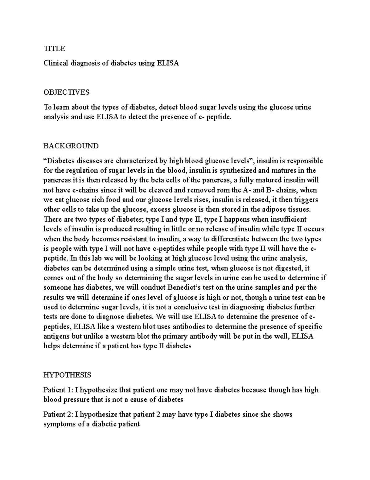 Lab 7 - this is a lab report on the clinical diagnosis of diabetes with ...