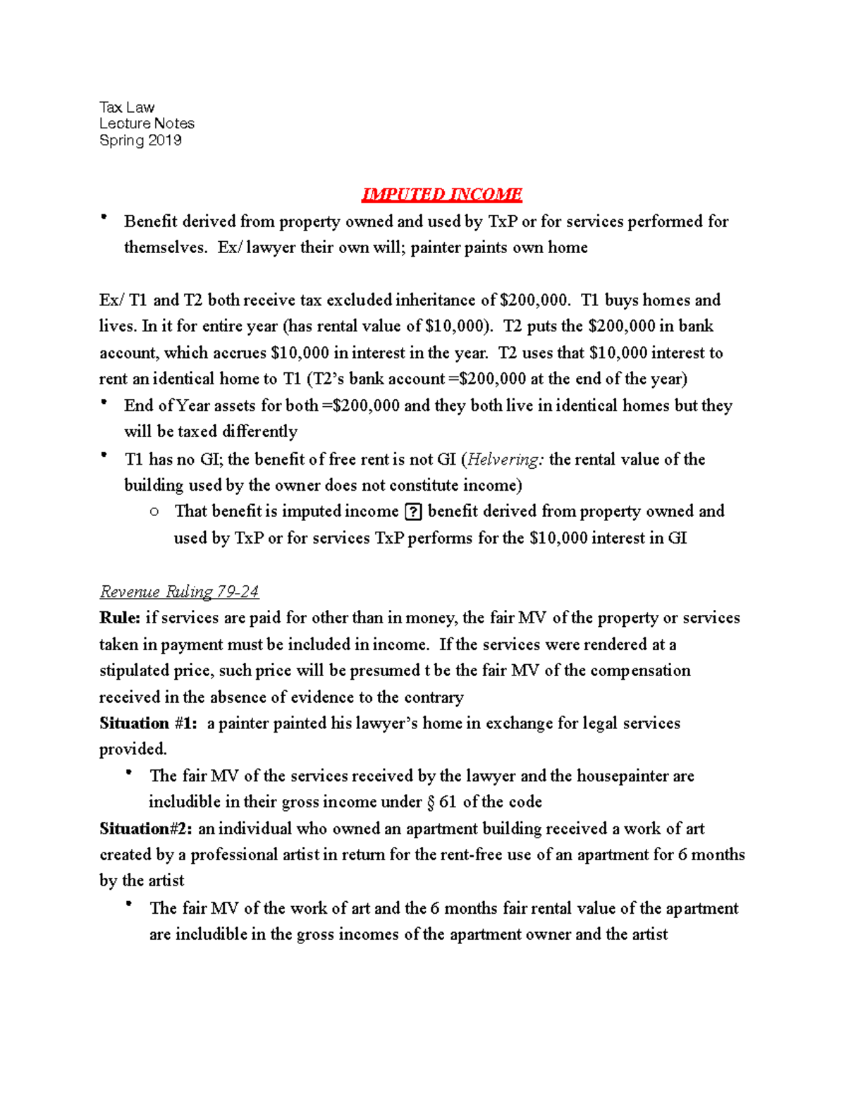 Imputed Income - Lecture notes 2 - Tax Law Lecture Notes Spring 2019 ...