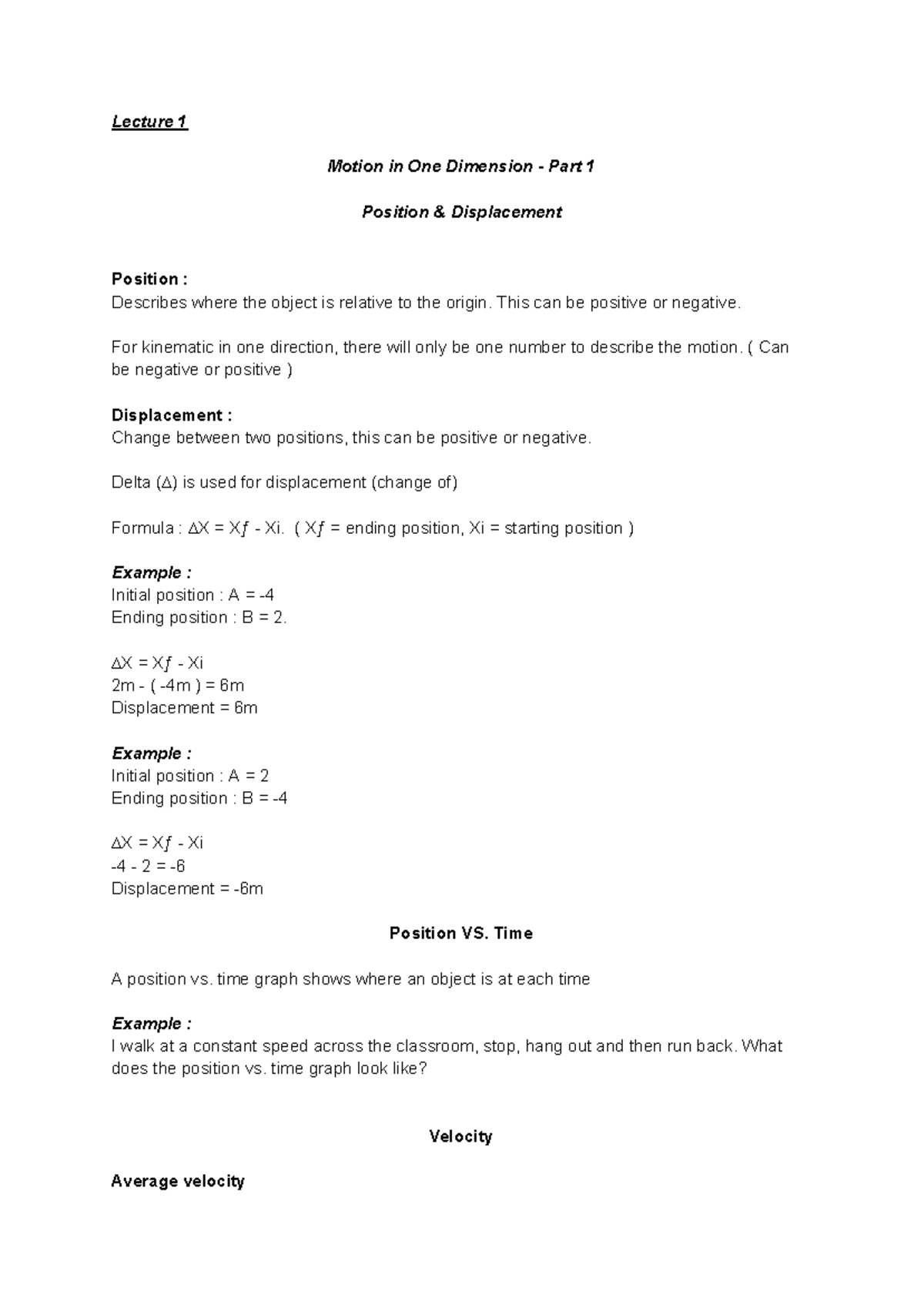 2024 Winter - Physics Lecture Notes - Lecture 1 Motion in One Dimension ...