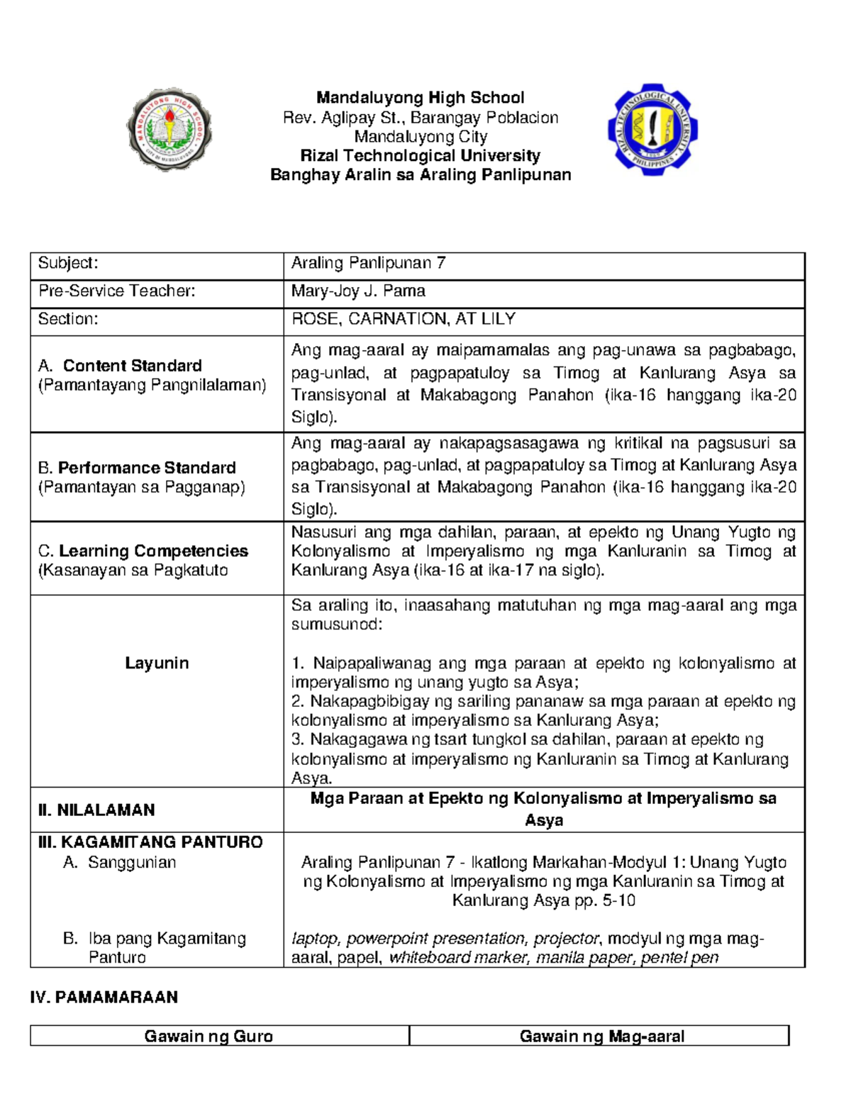 AP Lesson Plan - Unang Lesson Grade 7 - Mandaluyong High School Rev ...