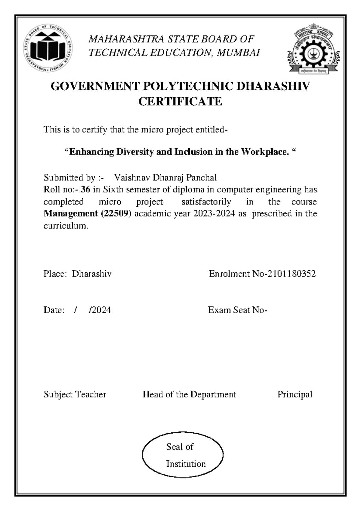 Vaishnav mgt - management project - GOVERNMENT POLYTECHNIC DHARASHIV ...