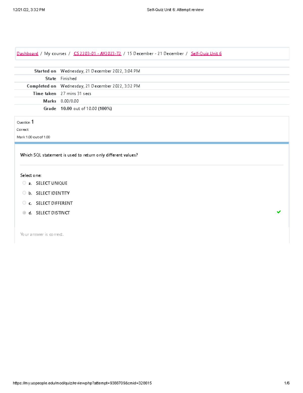 Database CS 2203 Self-Quiz Unit 6 Attempt review - Started on Wednesday, 21 December 2022, 3:04 ...