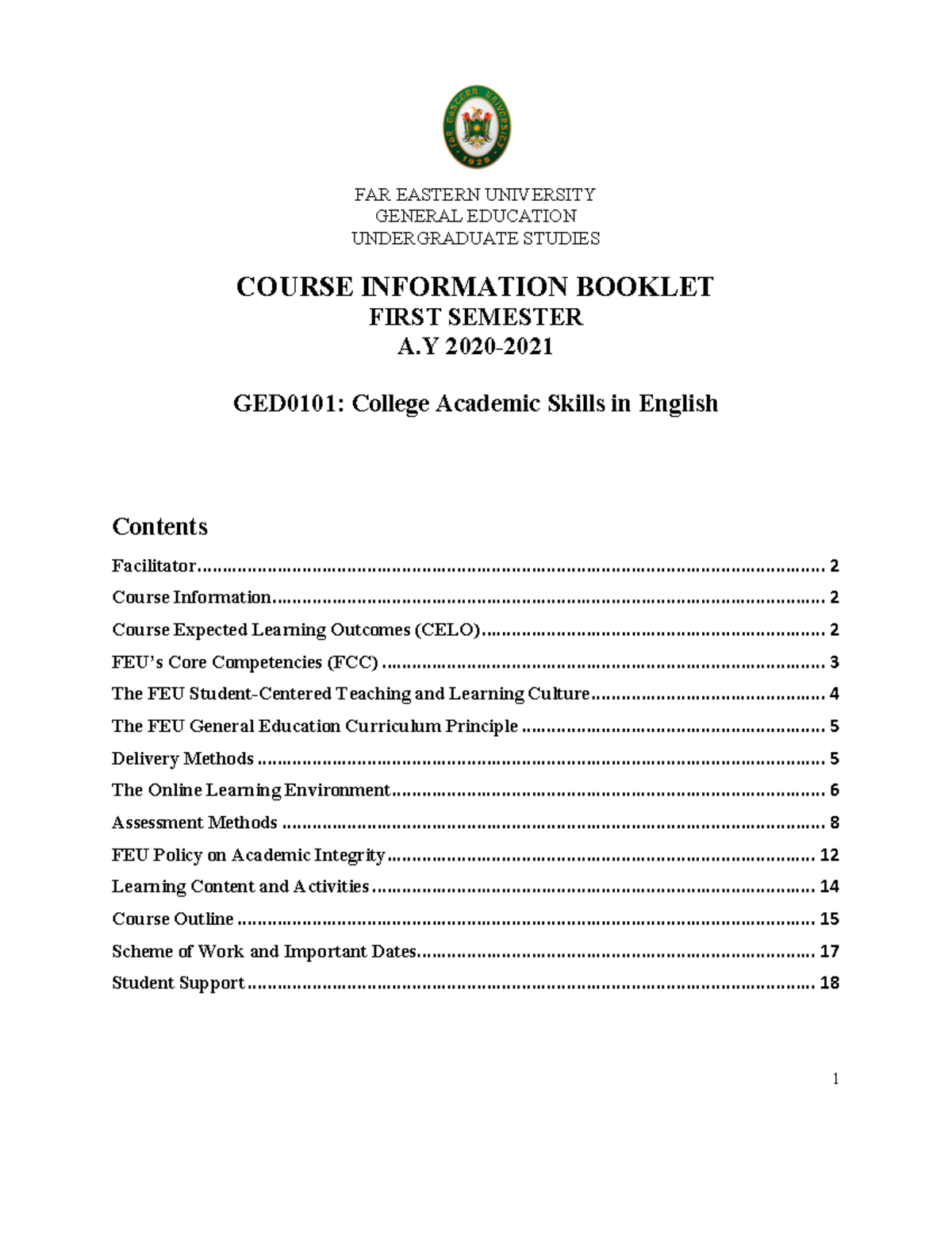 Course Information Booklet - FAR EASTERN UNIVERSITY GENERAL EDUCATION ...