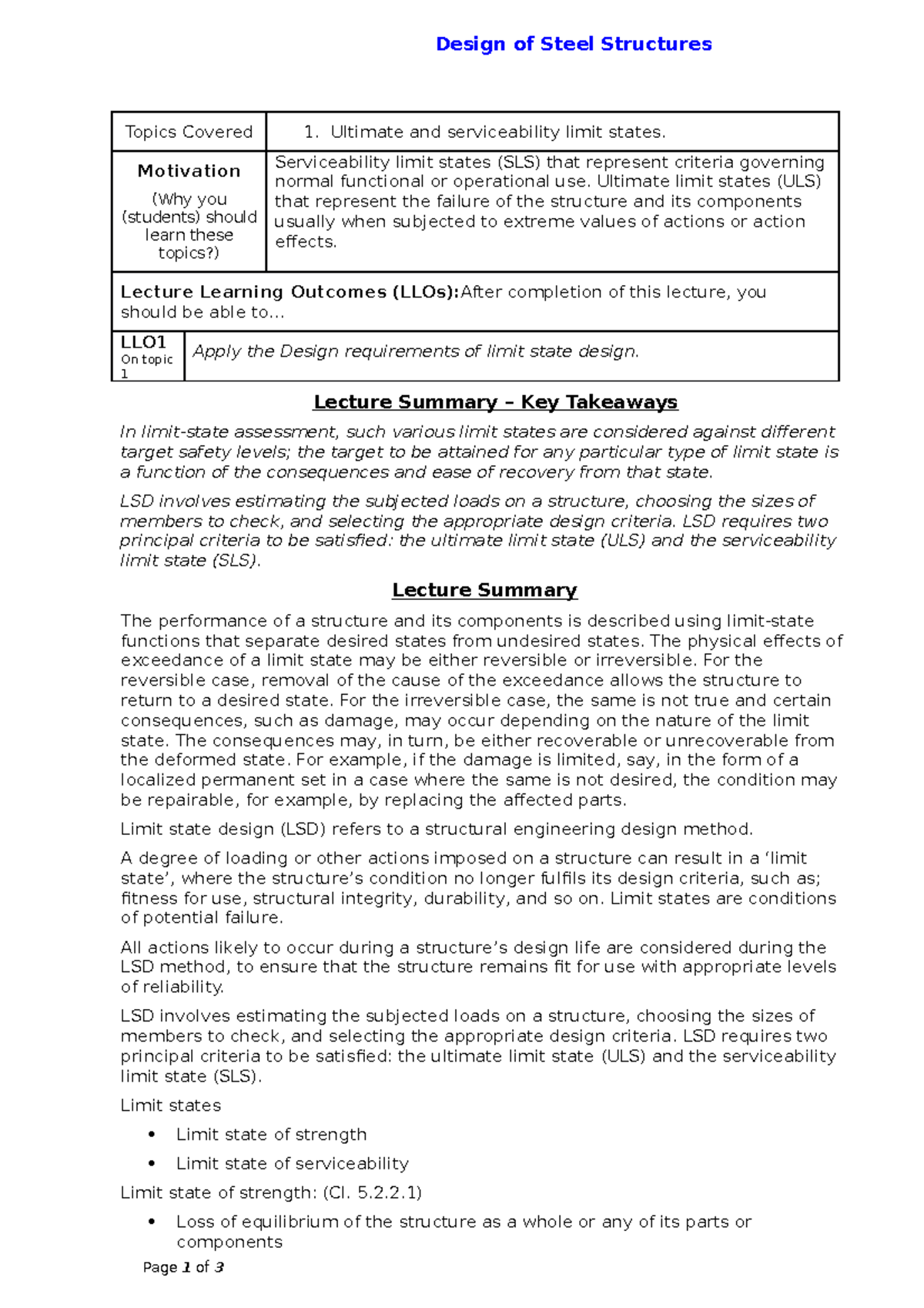 Ultimate and serviceability limit states - Design of Steel Structures ...