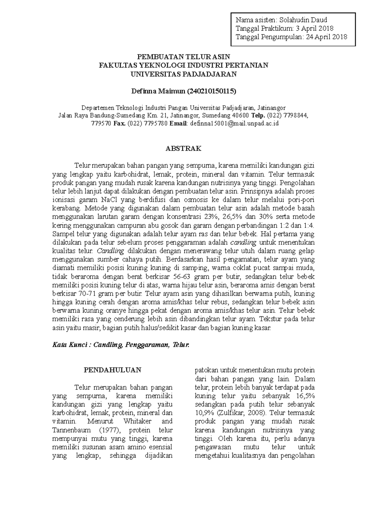 Laprak sutel telur asin def - Nama asisten: Solahudin Daud Tanggal ...
