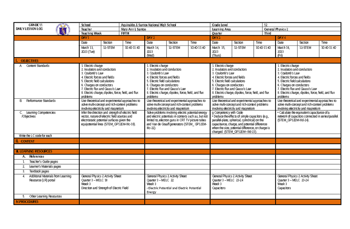 GP2-5th WEEK DLL - DLP - GRADE 11 DAILY LESSON LOG School Aguinaldo J. Santos National High ...