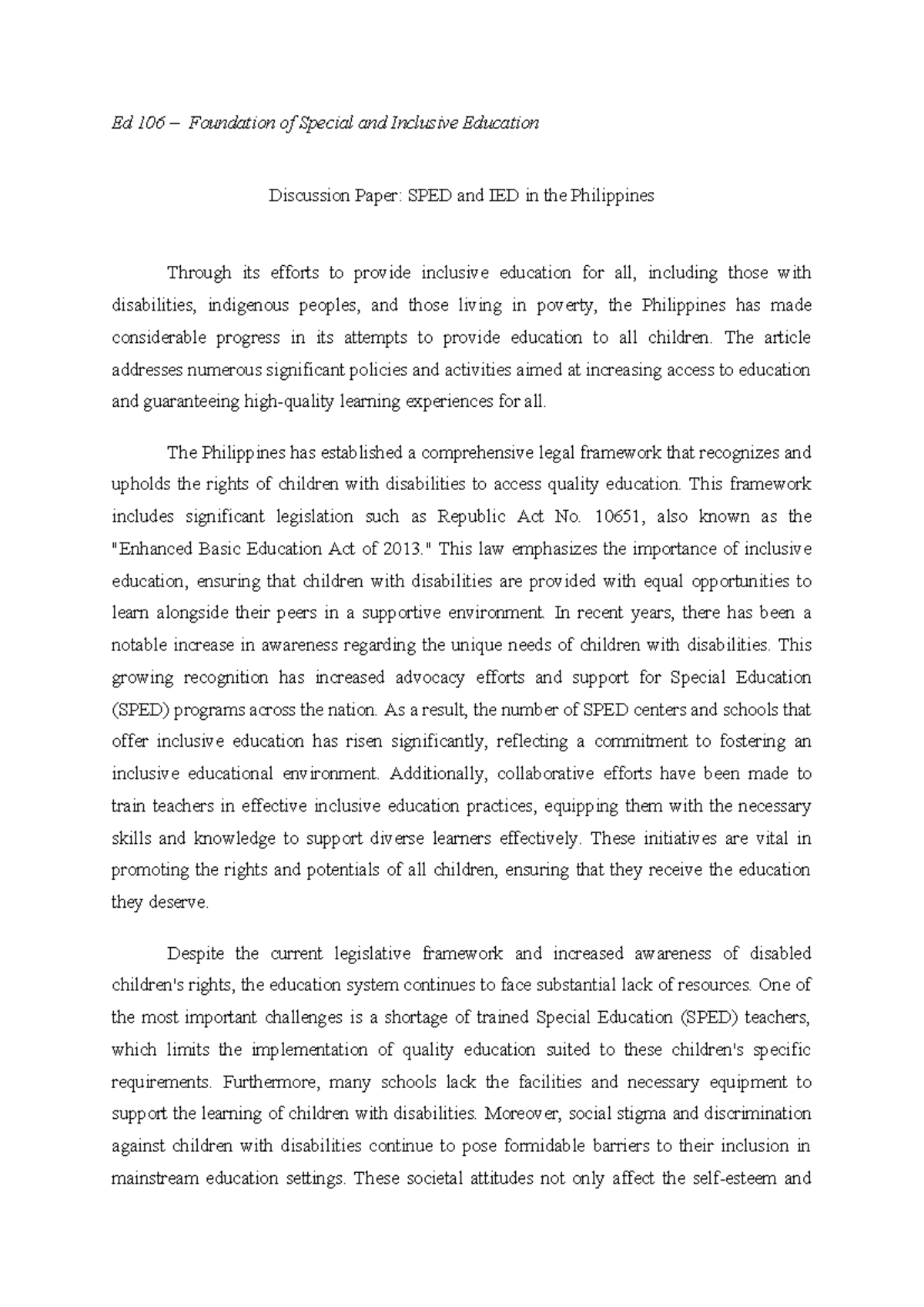 Discussion Paper - Ed 106 – Foundation of Special and Inclusive ...