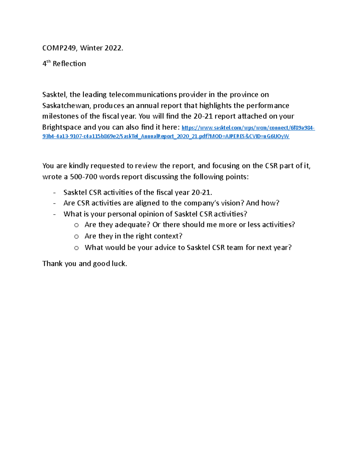 Reflection 4 - Essay - COMP249, Winter 2022. 4 th Reflection Sasktel ...