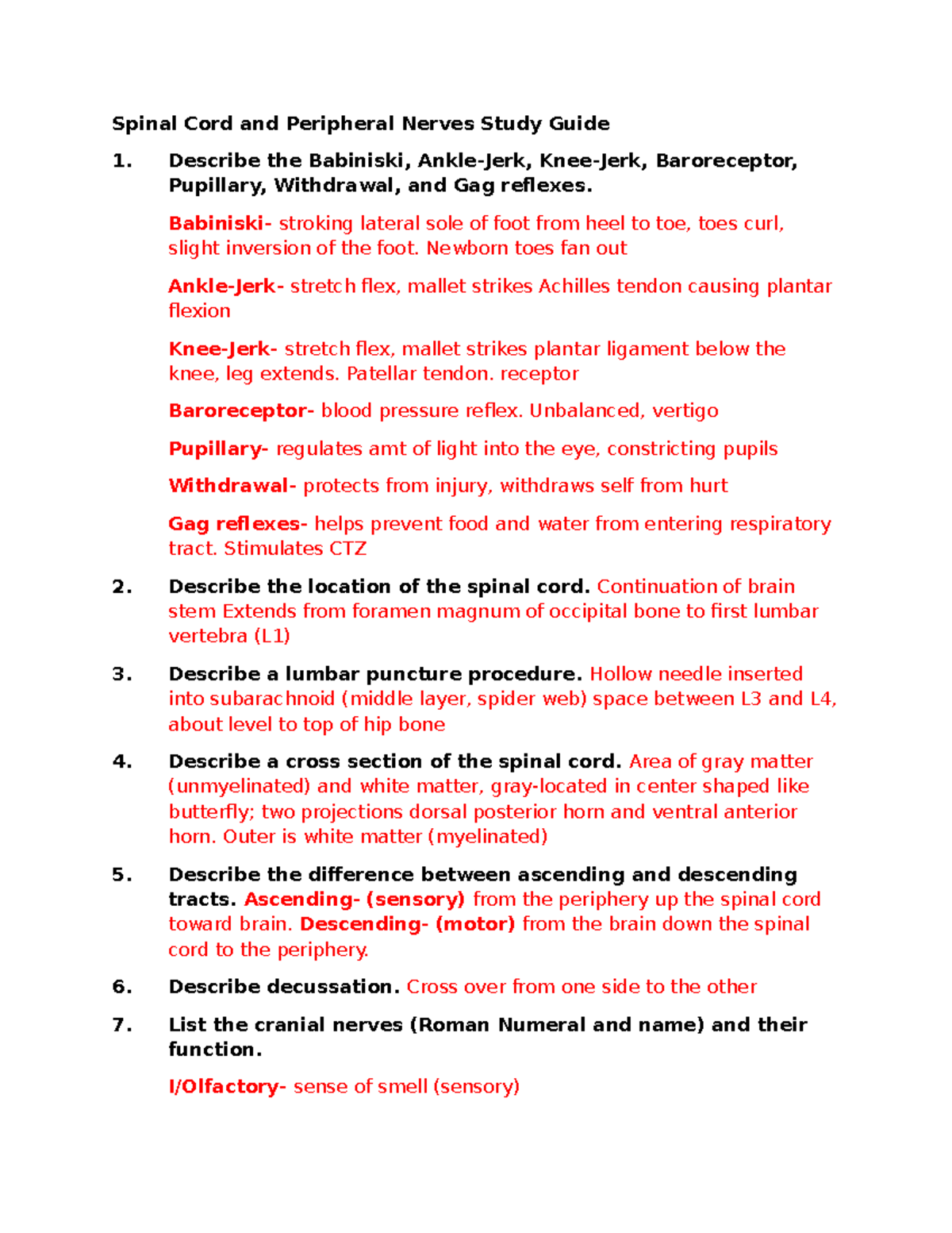 Spinal Cord and Peripheral Nerves Study Guide - Spinal Cord and ...