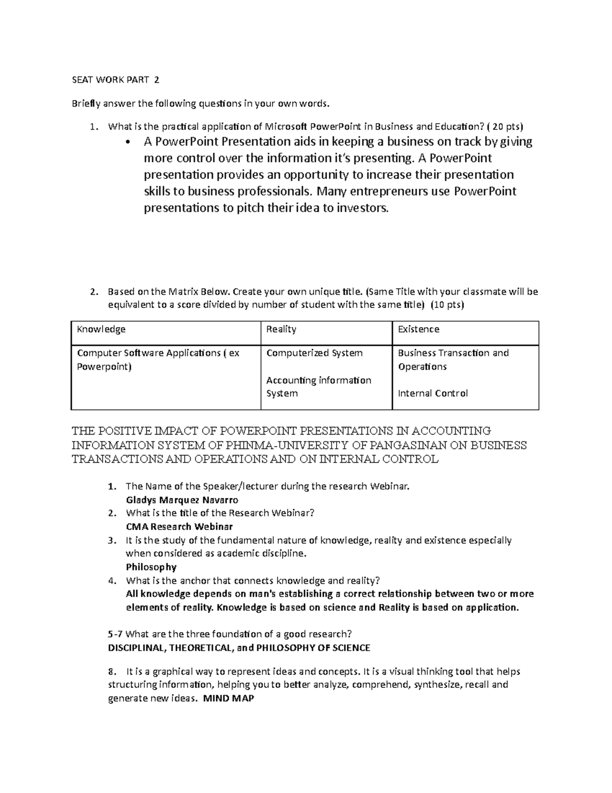 ACC123 Seatwork IT Application Tools - SEAT WORK PART 2 Briefly answer ...