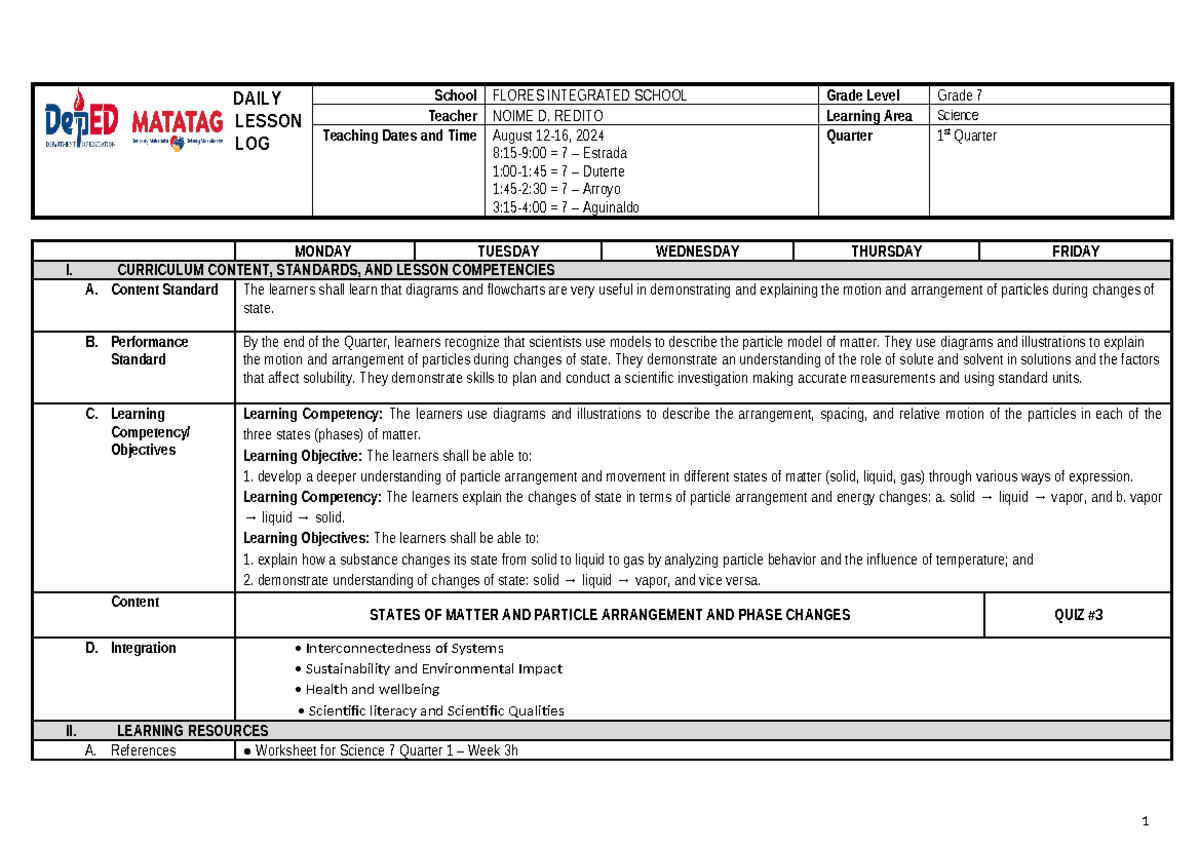 G7 W3 - dlp - DAILY LESSON LOG School FLORES INTEGRATED SCHOOL Grade ...