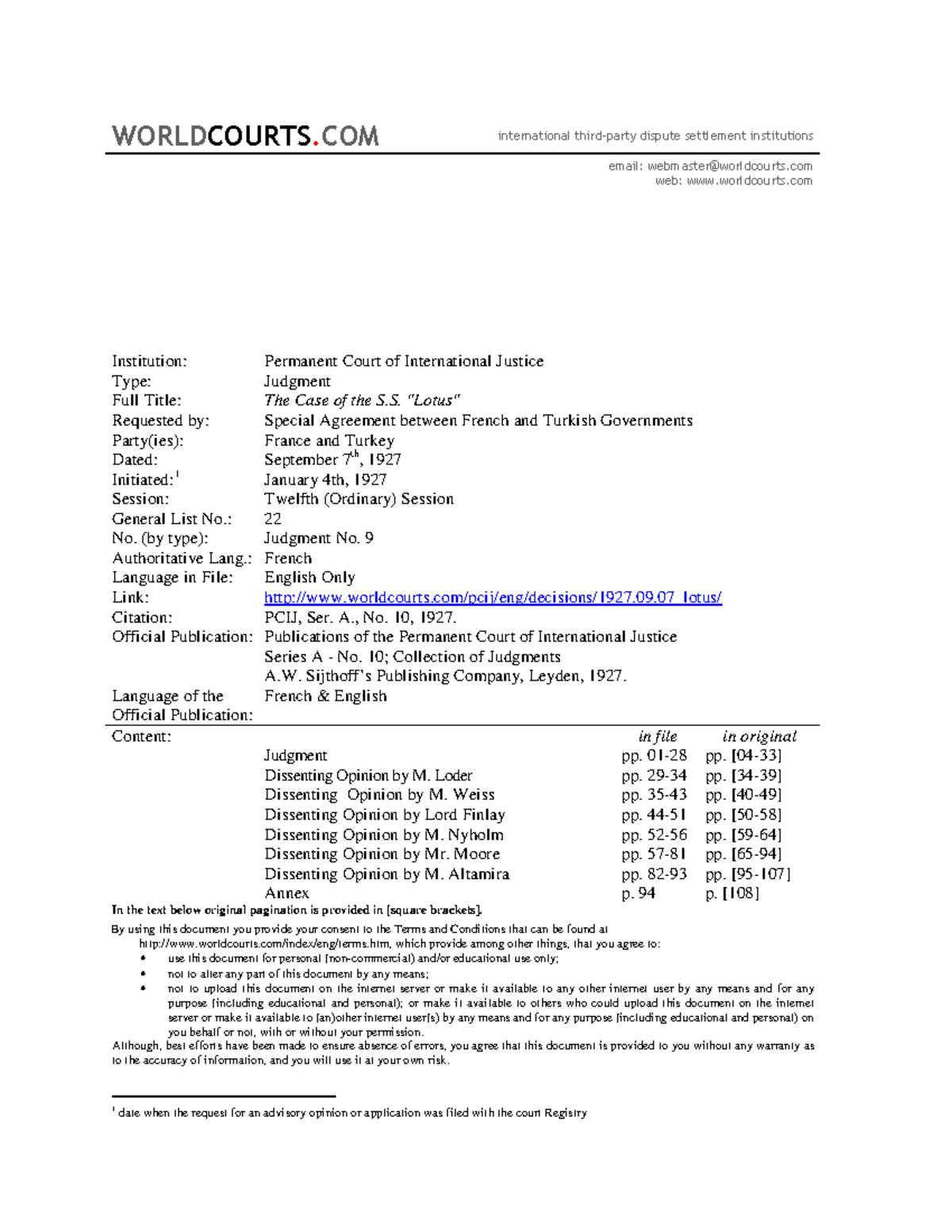 the lotus case environmental law - WORLDCOURTS international third ...
