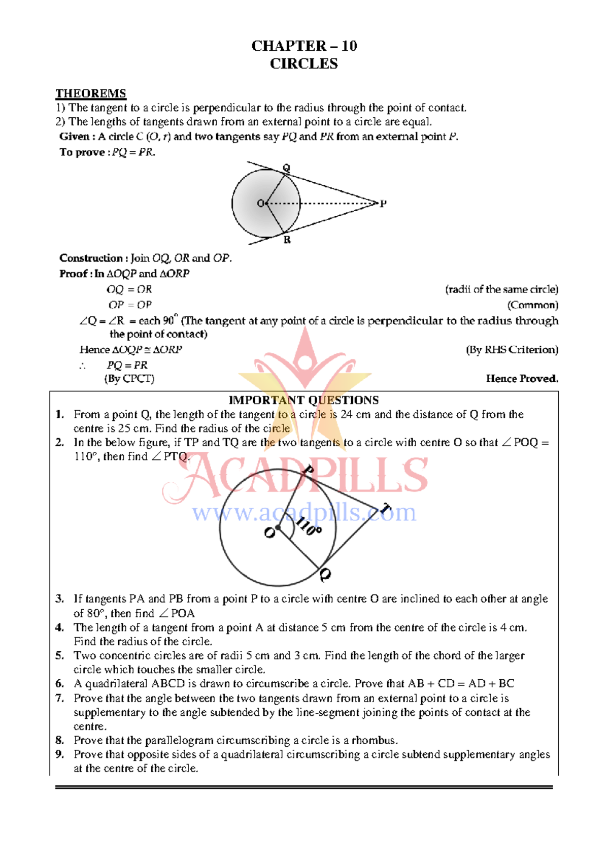 Circle Most important questions - CHAPTER – 10 CIRCLES THEOREMS The ...