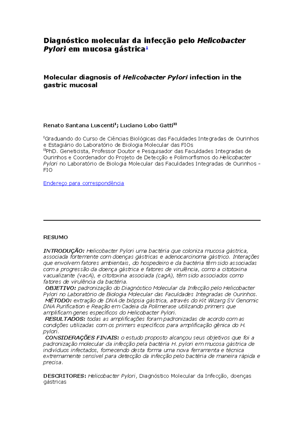 1 - yrtyryryryryr - Diagnóstico molecular da infecção pelo Helicobacter ...