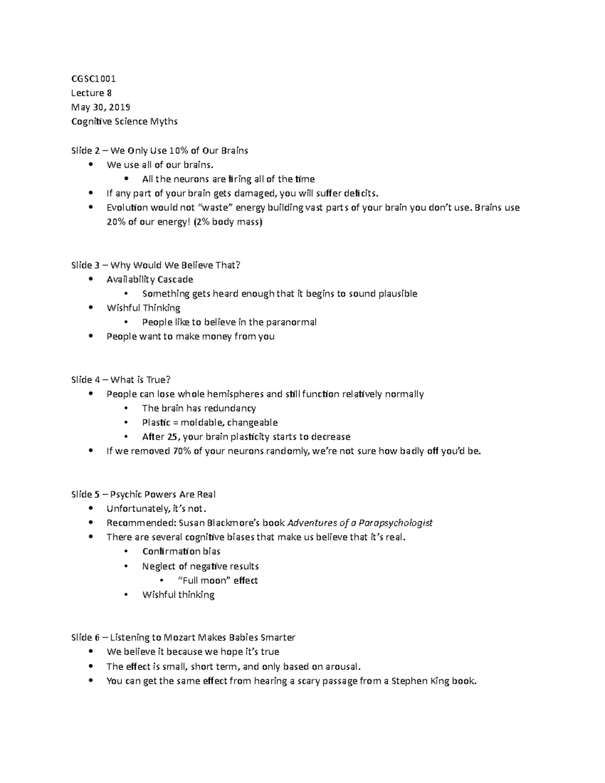 CGSC1001 - Lecture 8 - CGSC Lecture 8 May 30, 2019 Cognitive Science ...