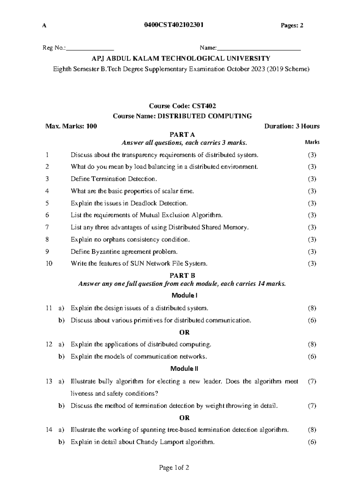 Cst402 Qp Oct 2023 Summary Distributed Computing 0400cst Page 1 Of 2 Course Code Cst Course 