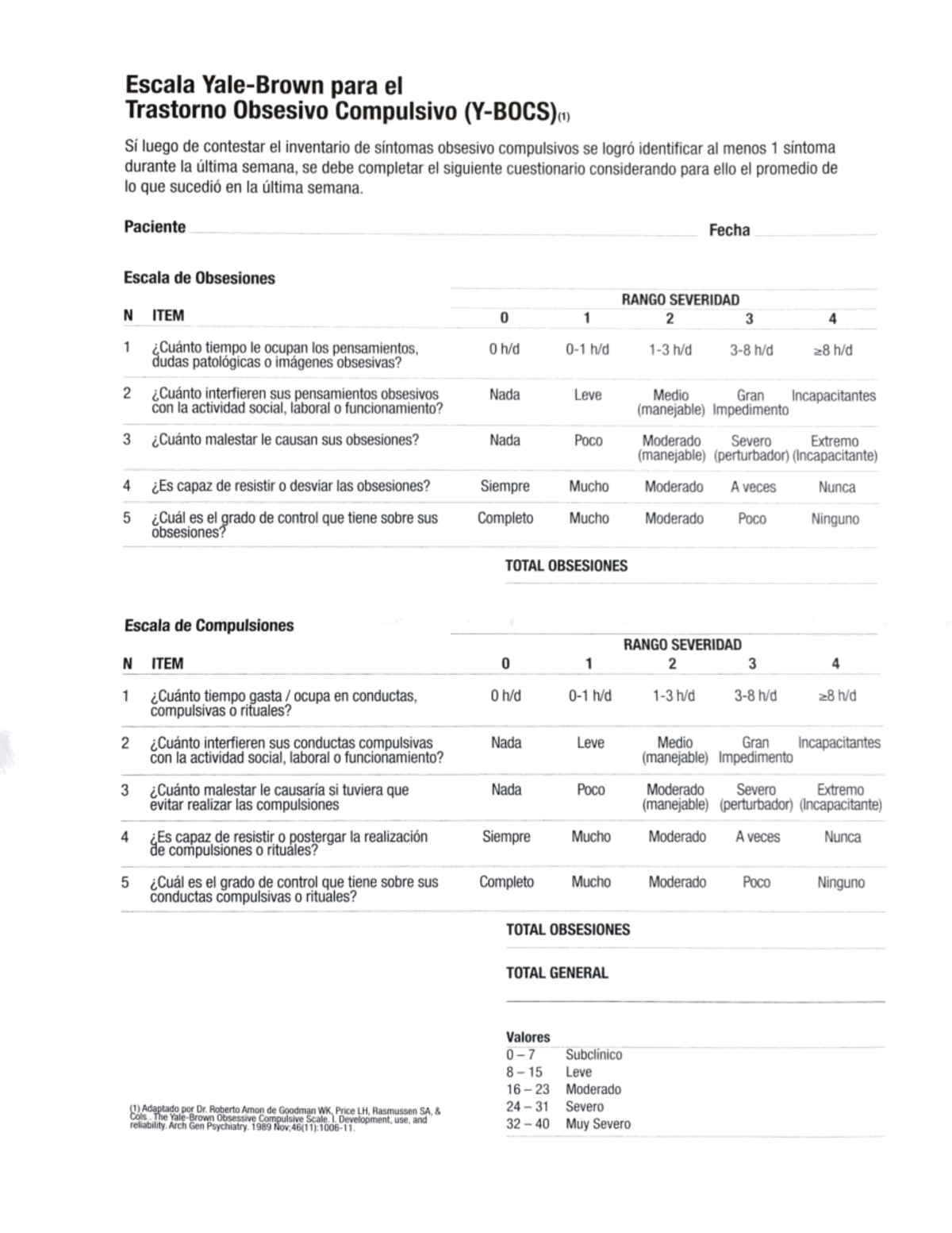 Escalas TOC - Psiquiatria - Studocu