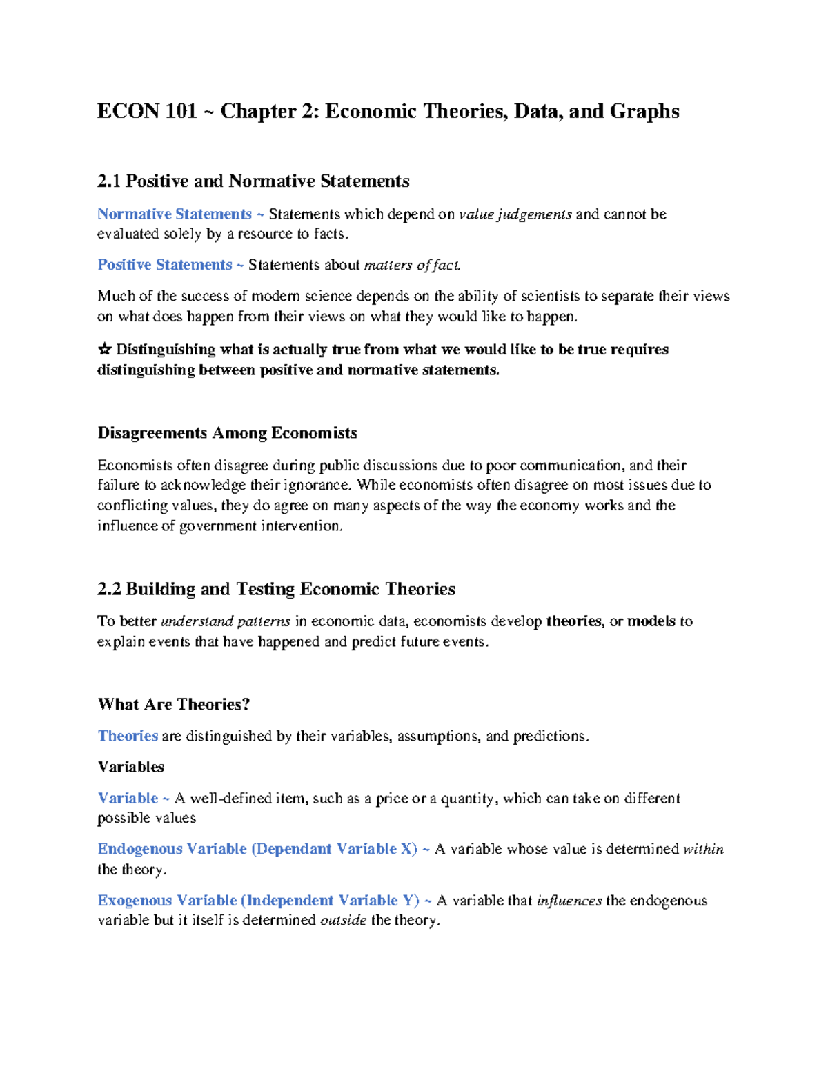 ECON101 - Chapter 2 - ECON 101 ~ Chapter 2: Economic Theories, Data, and Graphs 2 Positive and ...