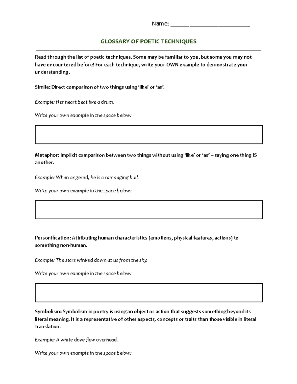 Year 7 poetic devices - Name: _________________________ GLOSSARY OF ...