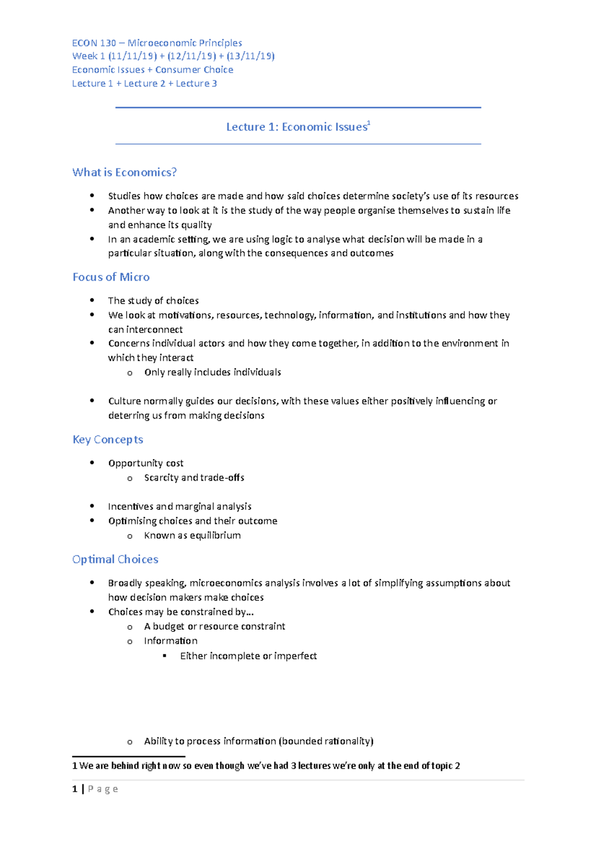 ECON130 Week 1 - Lecture notes 1-3 - Week 1 (11/11/19) + (12/11/19 ...
