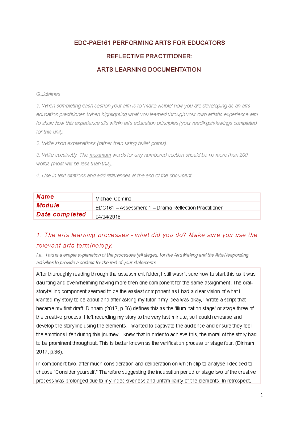 Drama Assessment 1 - EDC-PAE161 PERFORMING ARTS FOR EDUCATORS ...