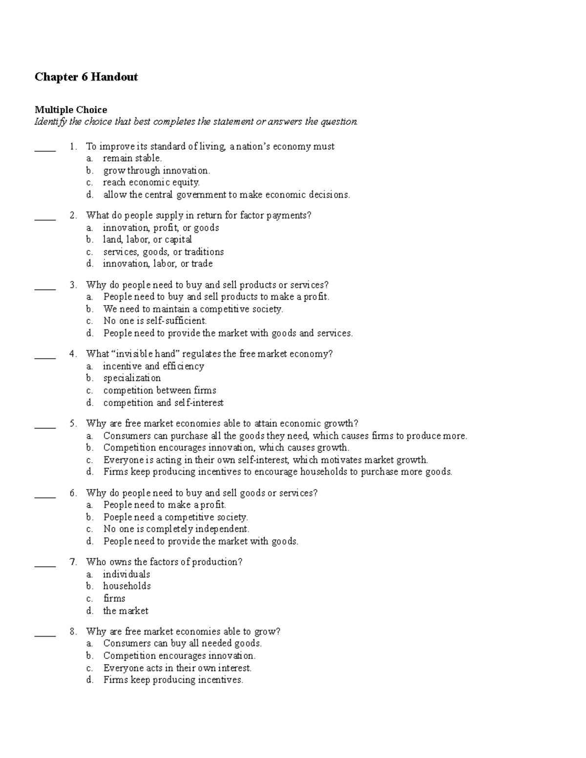Chapter 6 Handout - This is interesting - Chapter 6 Handout Multiple Choice Identify the choice ...