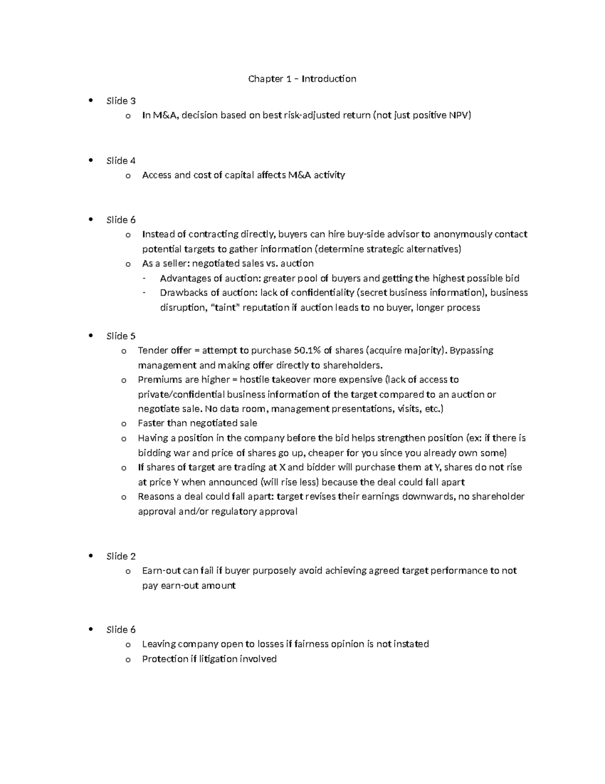 Chapter 1 - Intro - Chapter 1 – Introduction Slide 3 o In M&A, decision based on best - Studocu