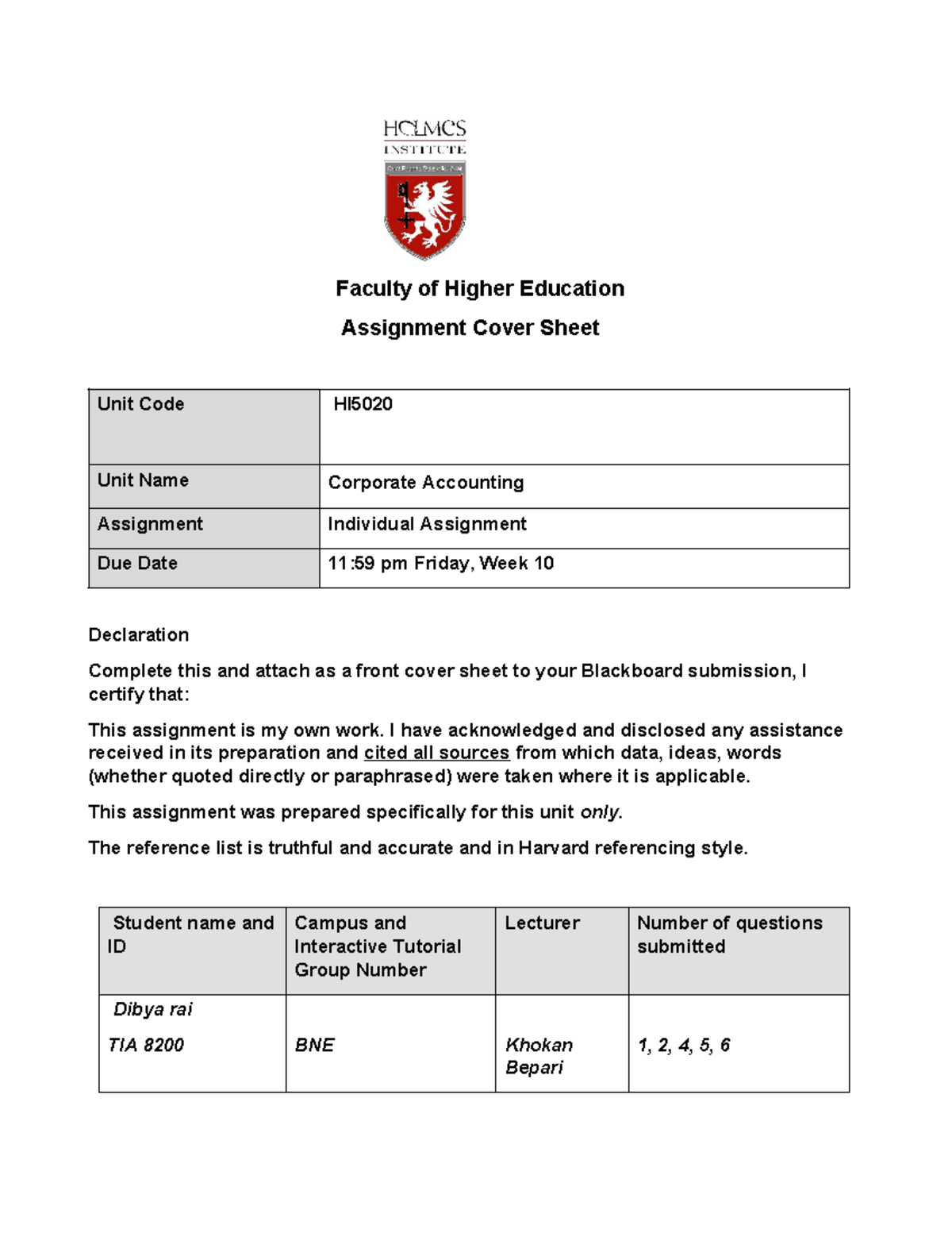 Corporate IA - Faculty of Higher Education Assignment Cover Sheet Unit ...