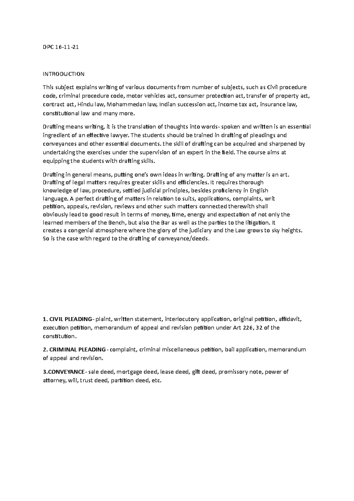 DRAFTING PLEADING EXERCISE - DPC 16-11- INTRODUCTION This subject ...