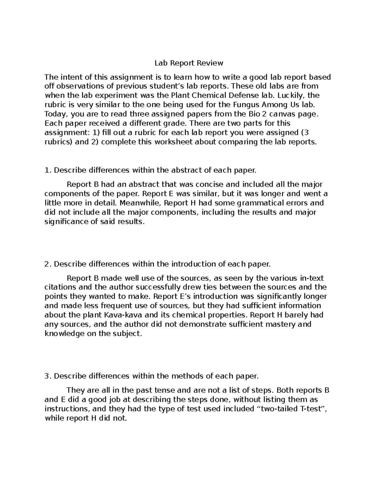 Lab Report Review worksheet - Lab Report Review The intent of this ...