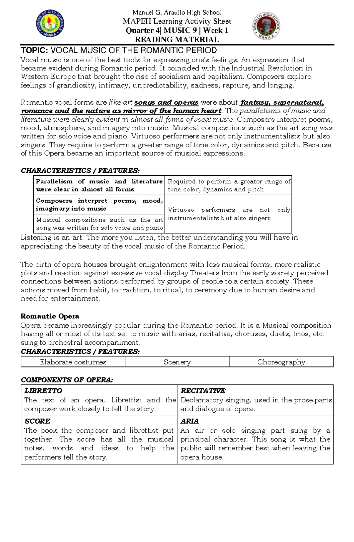 Q4- Reading- Material Vocal- Music- Romantic- Period - TOPIC: VOCAL ...