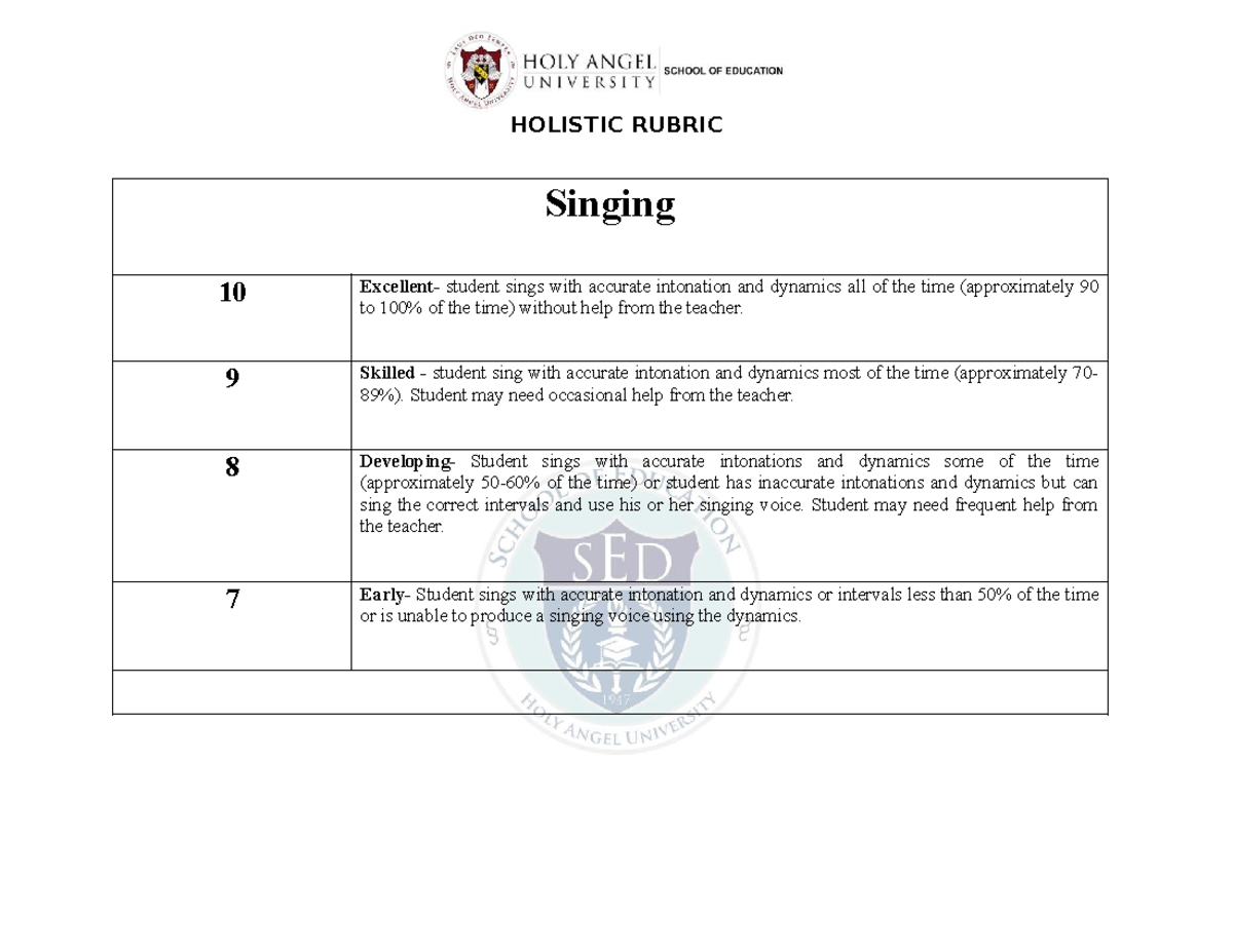 Holistic Rubric - HOLISTIC RUBRIC Singing 10 Excellent- student sings ...