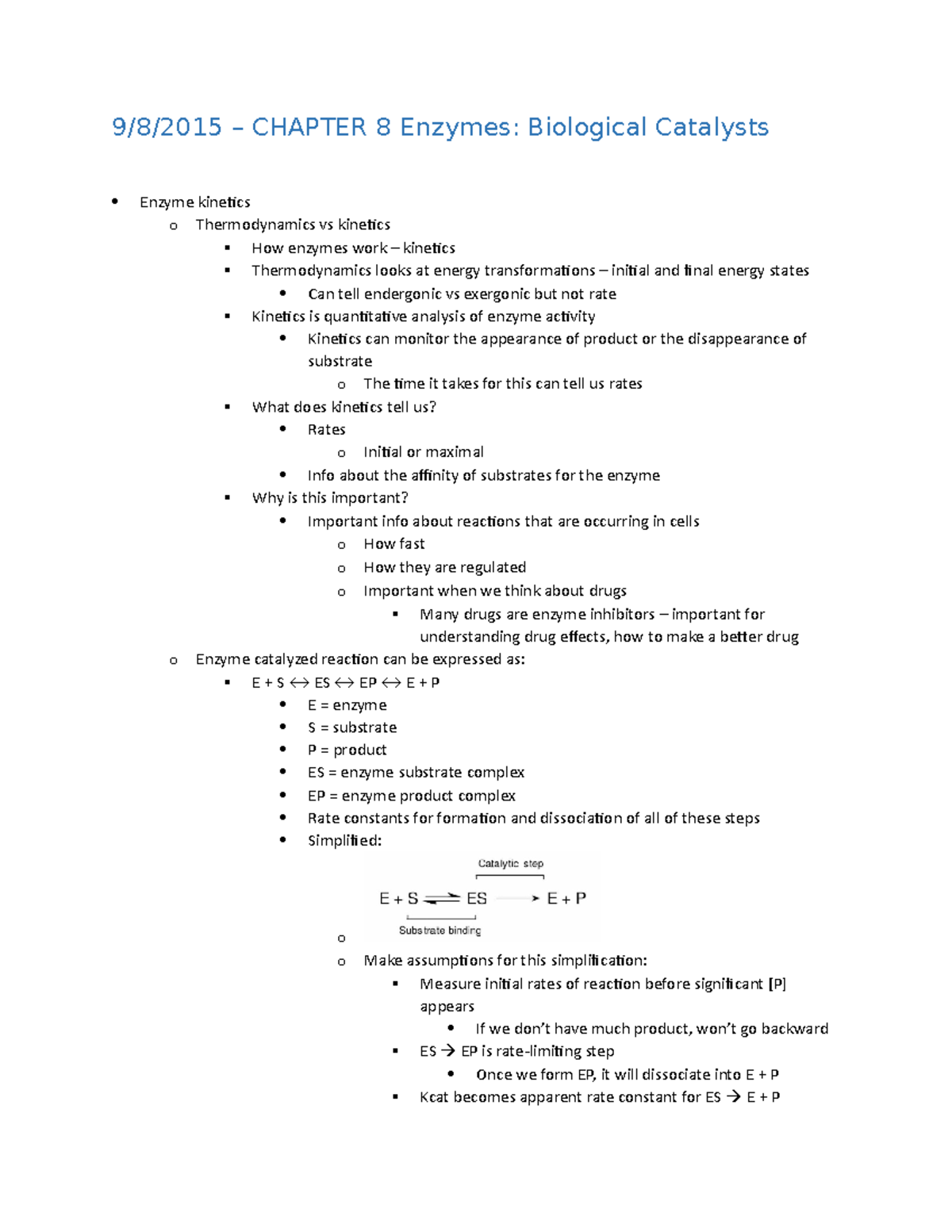 9 - Lecture notes 9 - 9/8/2015 – CHAPTER 8 Enzymes: Biological ...