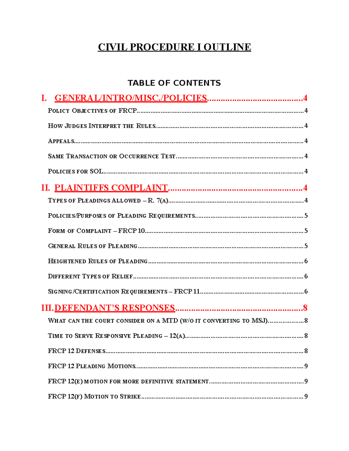Mentor CIV PRO 1 - Full Outline - CIVIL PROCEDURE I OUTLINE I. - Studocu