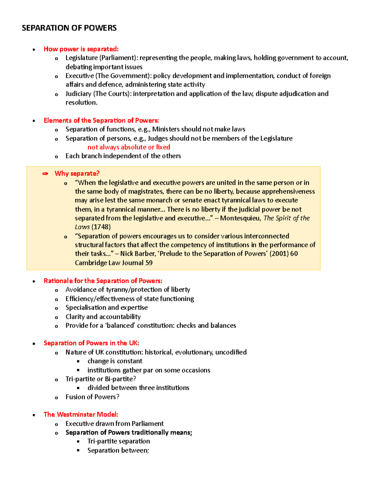 Separation OF Powers - SEPARATION OF POWERS How power is separated: o ...