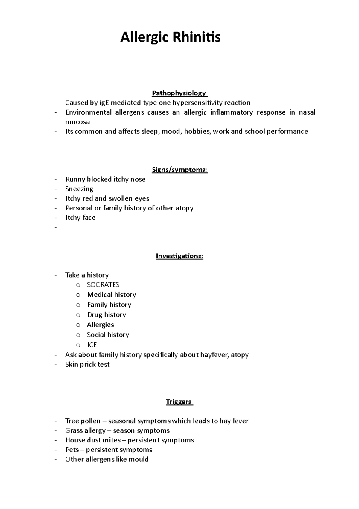 Allergic rhinitis notes - Pathophysiology Caused by igE mediated type ...