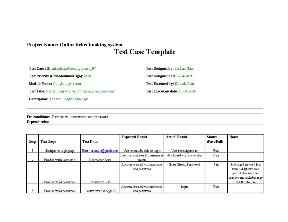 test cases for cse320 - Project Name: Online ticket booking system Test ...