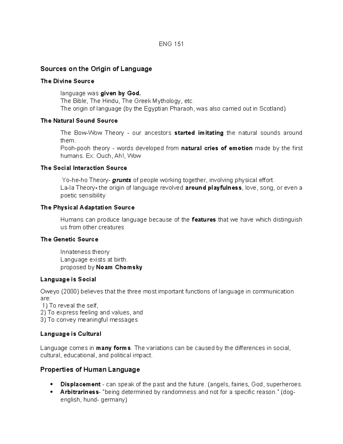 ENG 151 Prelim - reviewer - ENG 151 Sources on the Origin of Language ...