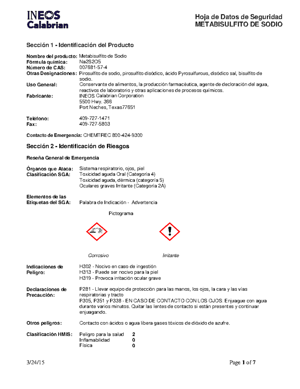 Meta 2016 sds rev3 spanish - METABISULFITO DE SODIO Sección 1 ...