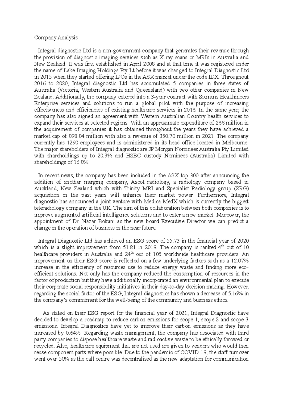 Investment assignment - Company Analysis Integral diagnostic Ltd is a ...