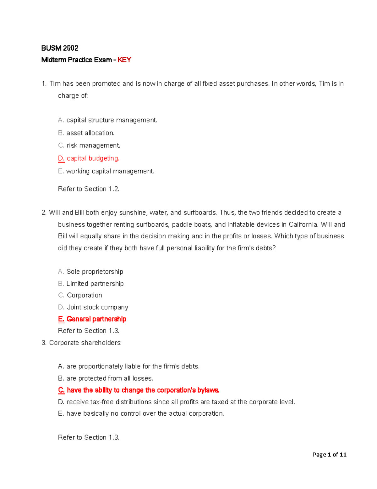 BUSM 2002 Practice EXAM 1 - KEY - BUSM 2002 Midterm Practice Exam - KEY Tim has been promoted ...