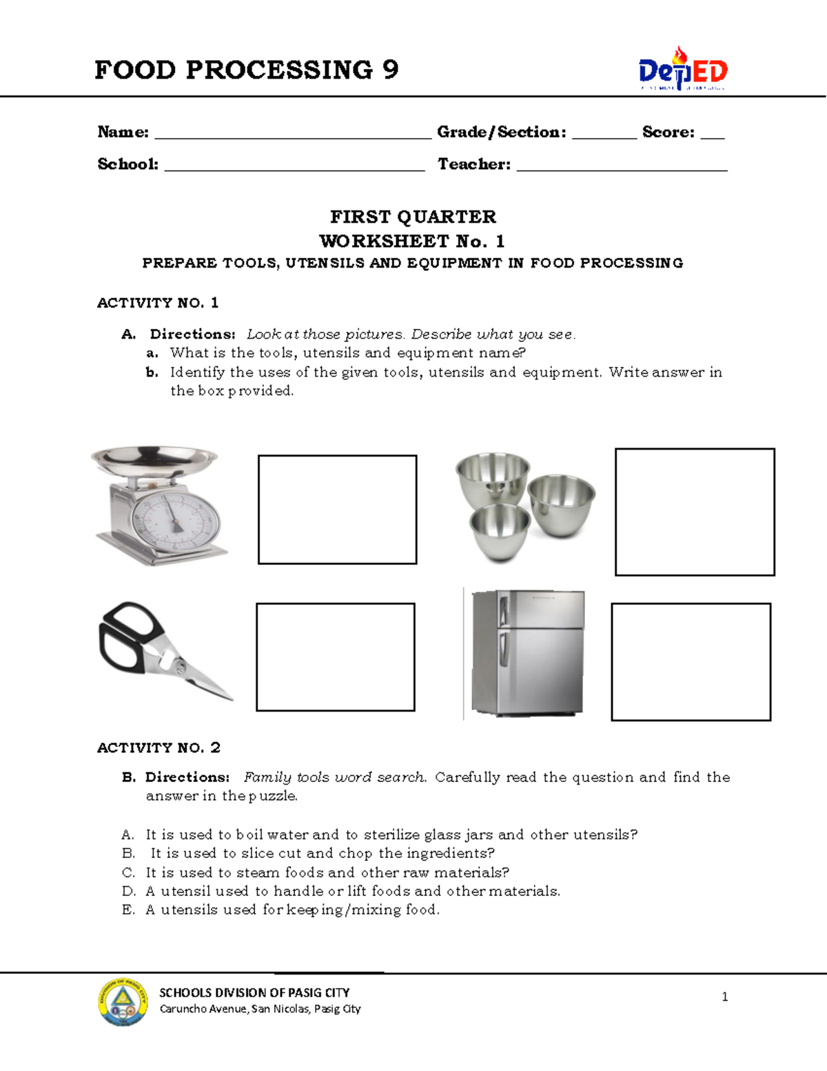 Sptve 9-FOOD Processing TECH9-Q1-DW1 - 1 FOOD PROCESSING 9 SCHOOLS ...