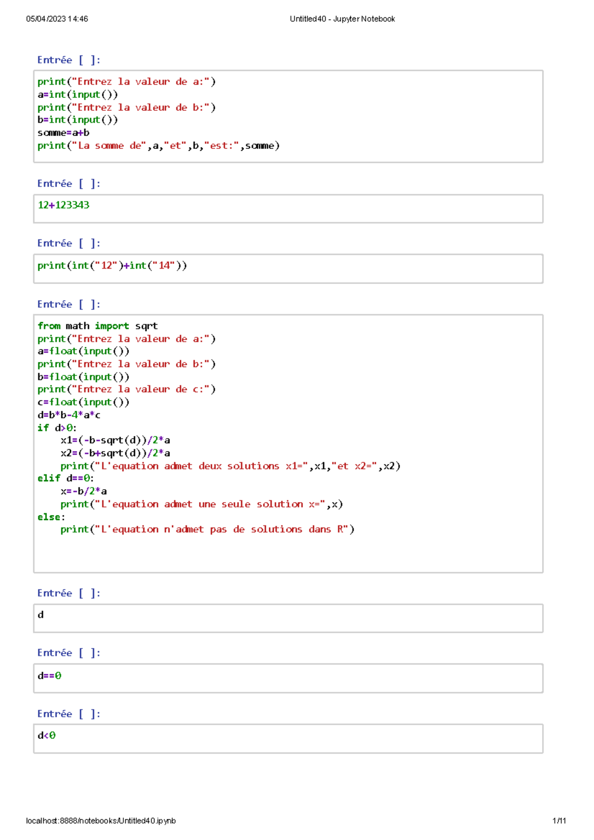 Tests Python Jupyter Notebook Entrée Entrée Entrée Entrée Entrée