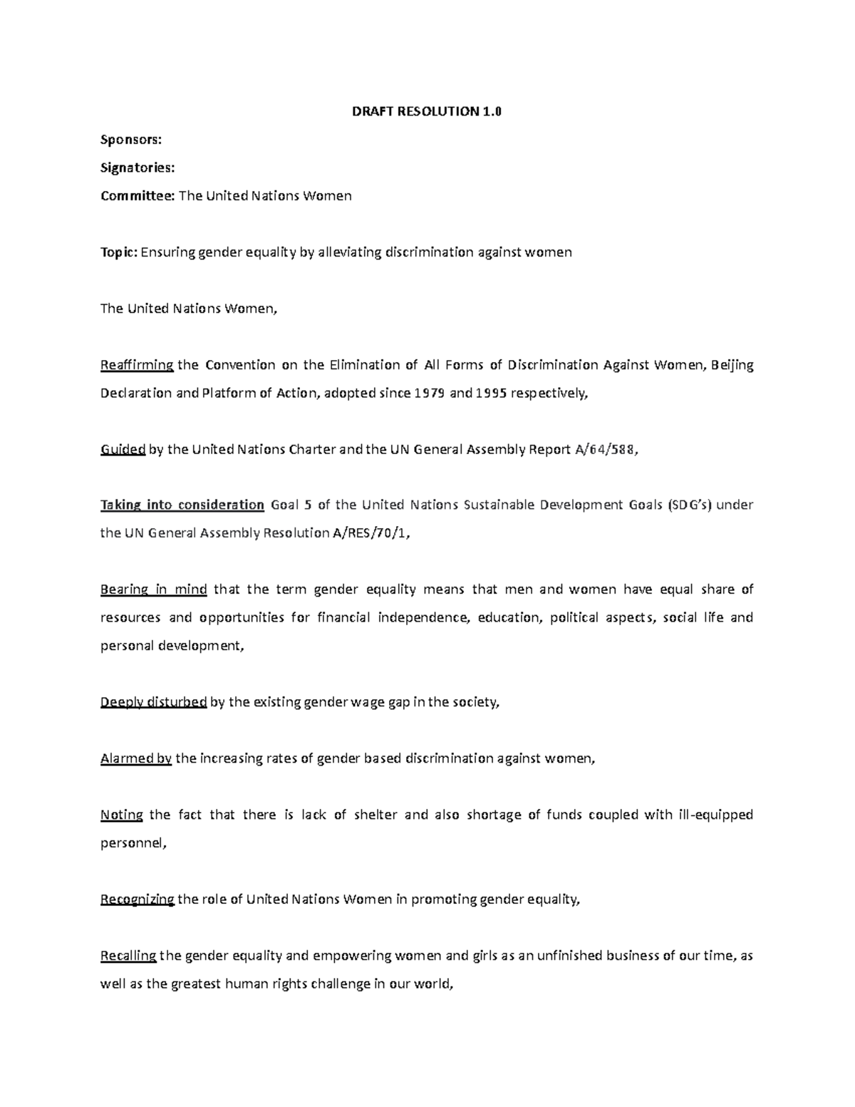 Resolution 1 - personal - DRAFT RESOLUTION 1. Sponsors: Signatories ...