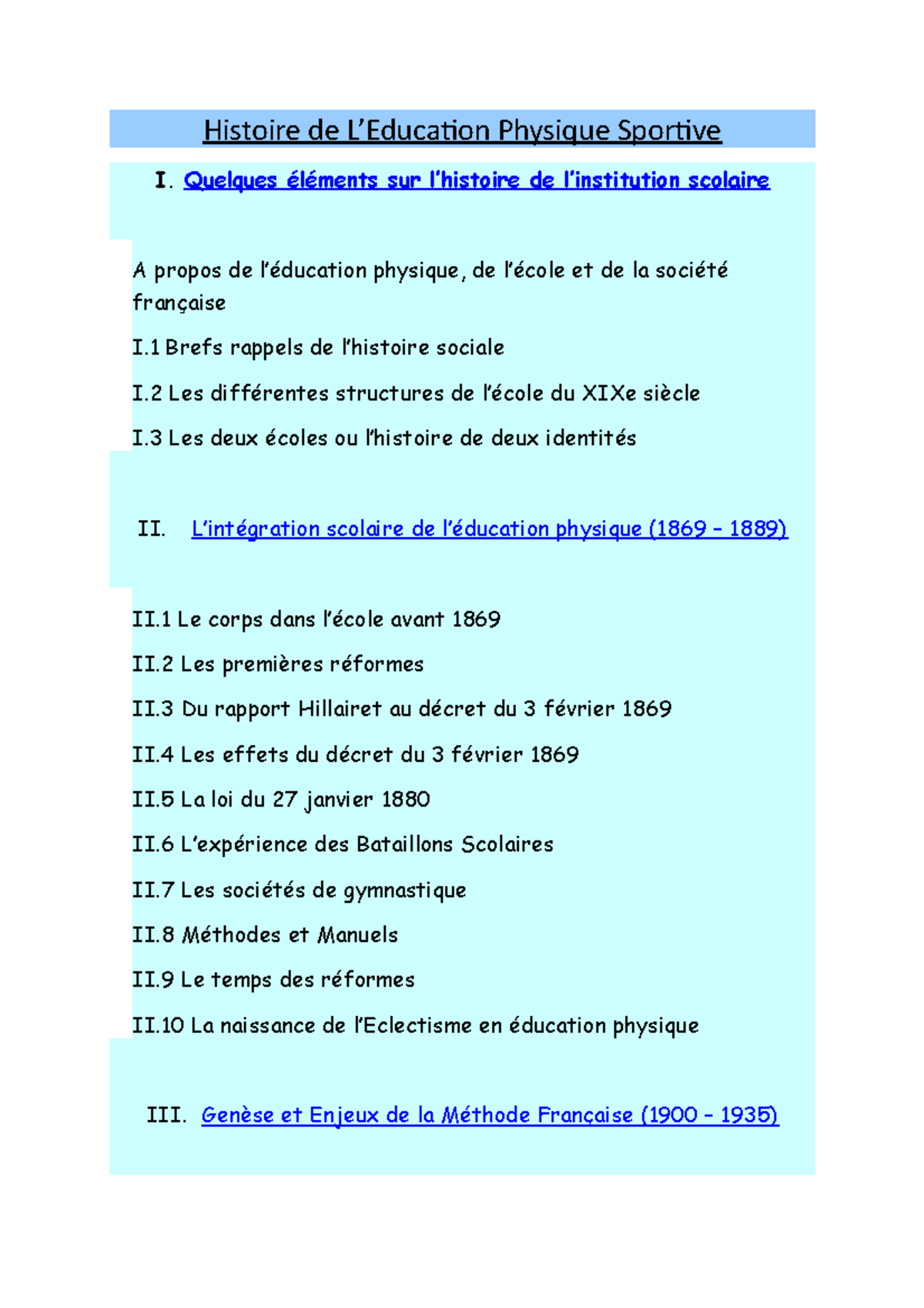 Résumé socio histoire - Histoire de L’Education Physique Sportive I ...