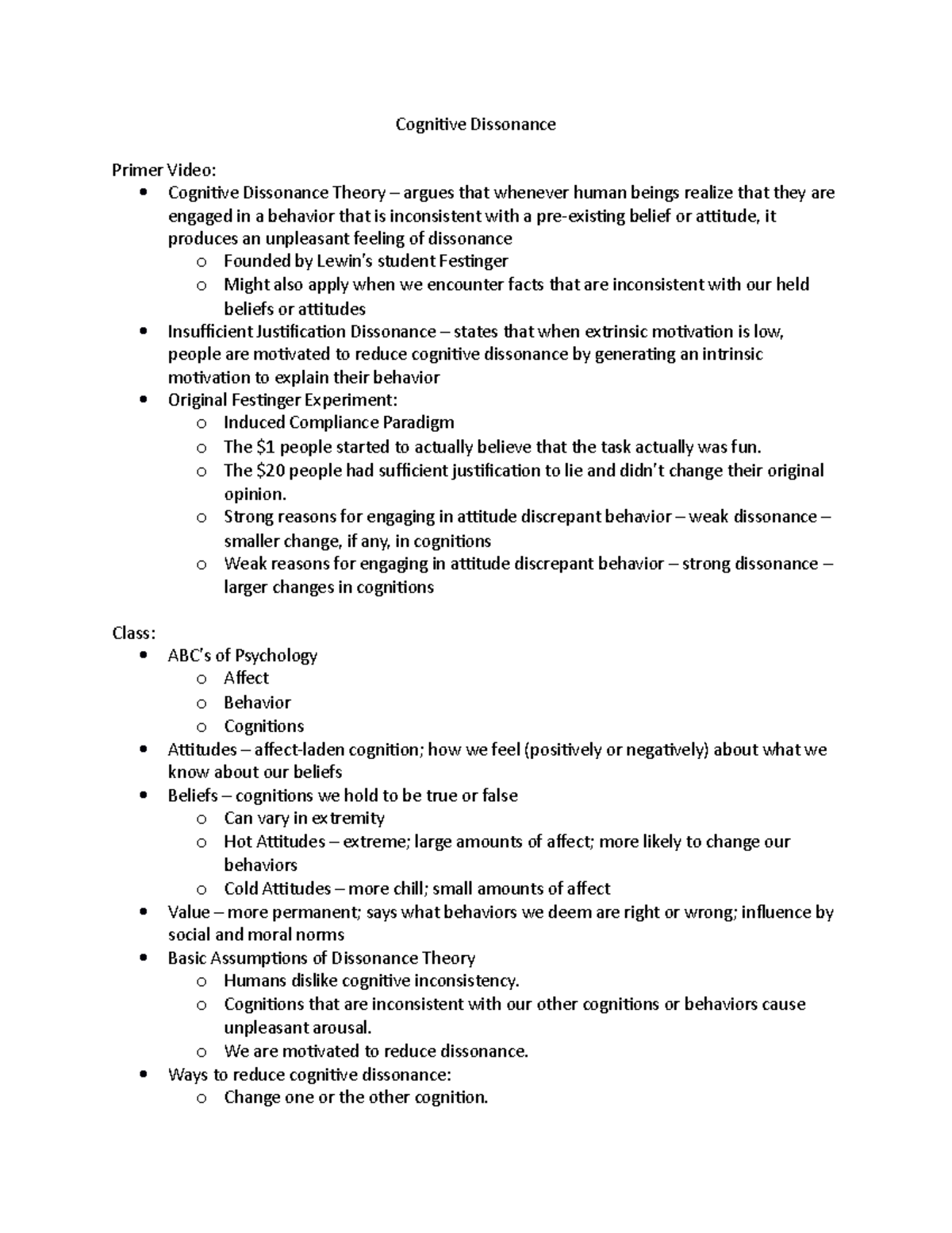 Cognitive Dissonance Class Notes - PSY 3623 - Mississippi State - Studocu