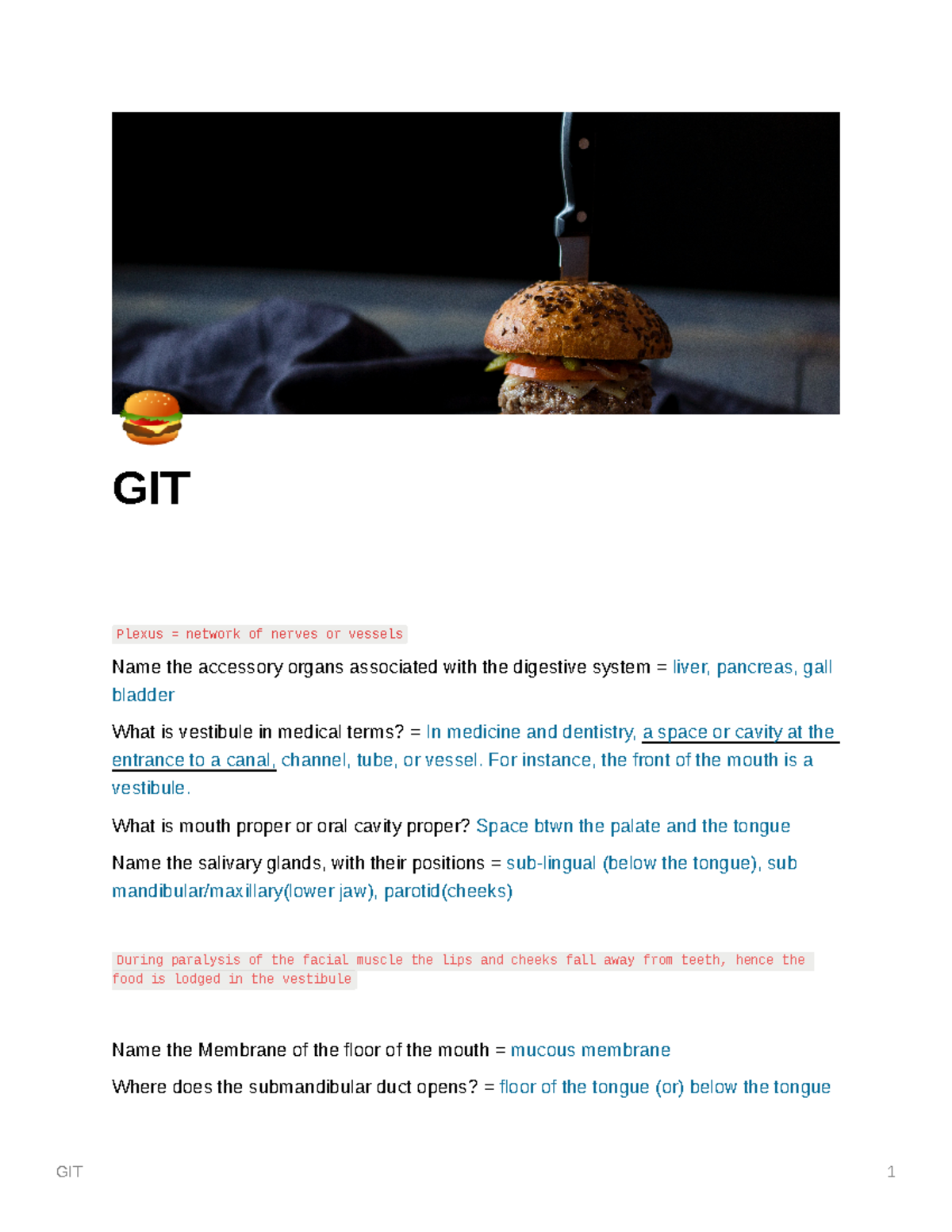 Anatomy & Physiology GIT - 🍔 GIT Plexus = network of nerves or vessels ...