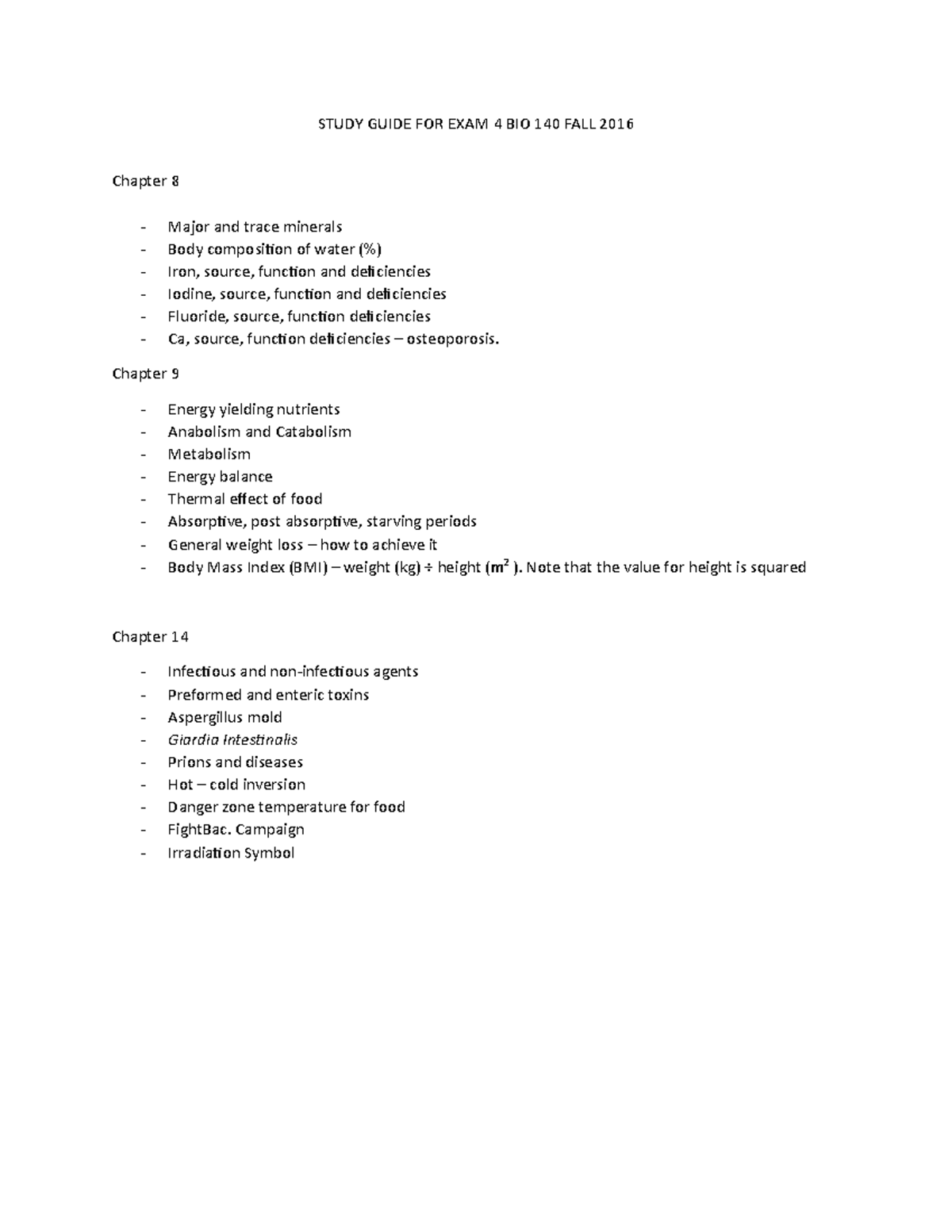Study Guide For Exam 4 Bio 140 Fall 2016 Study Guide For Exam 4 Bio